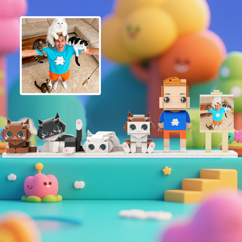 Custom Full-Body Brick Figures of 1 Person and 4 Cats with Frame Perso ...